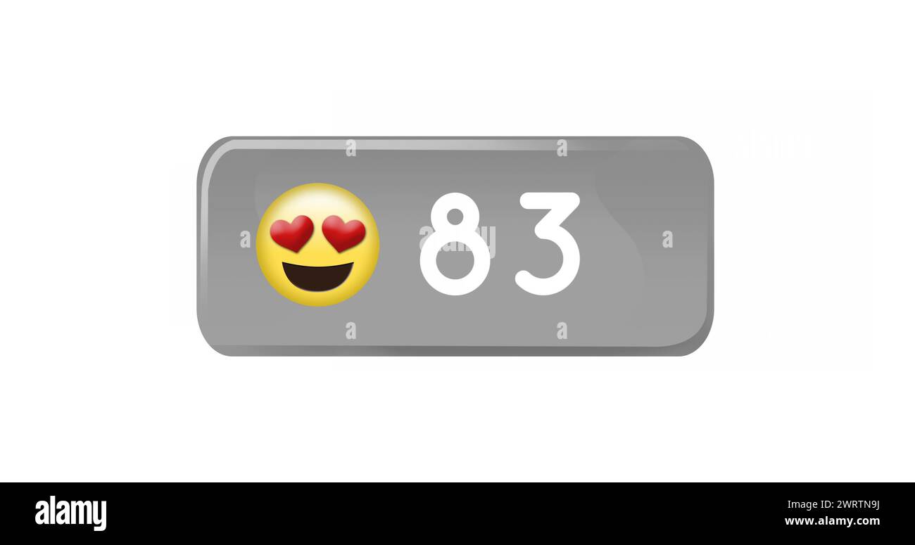 Digital image of increasing numbers and heart eyes emoji inside a grey ...