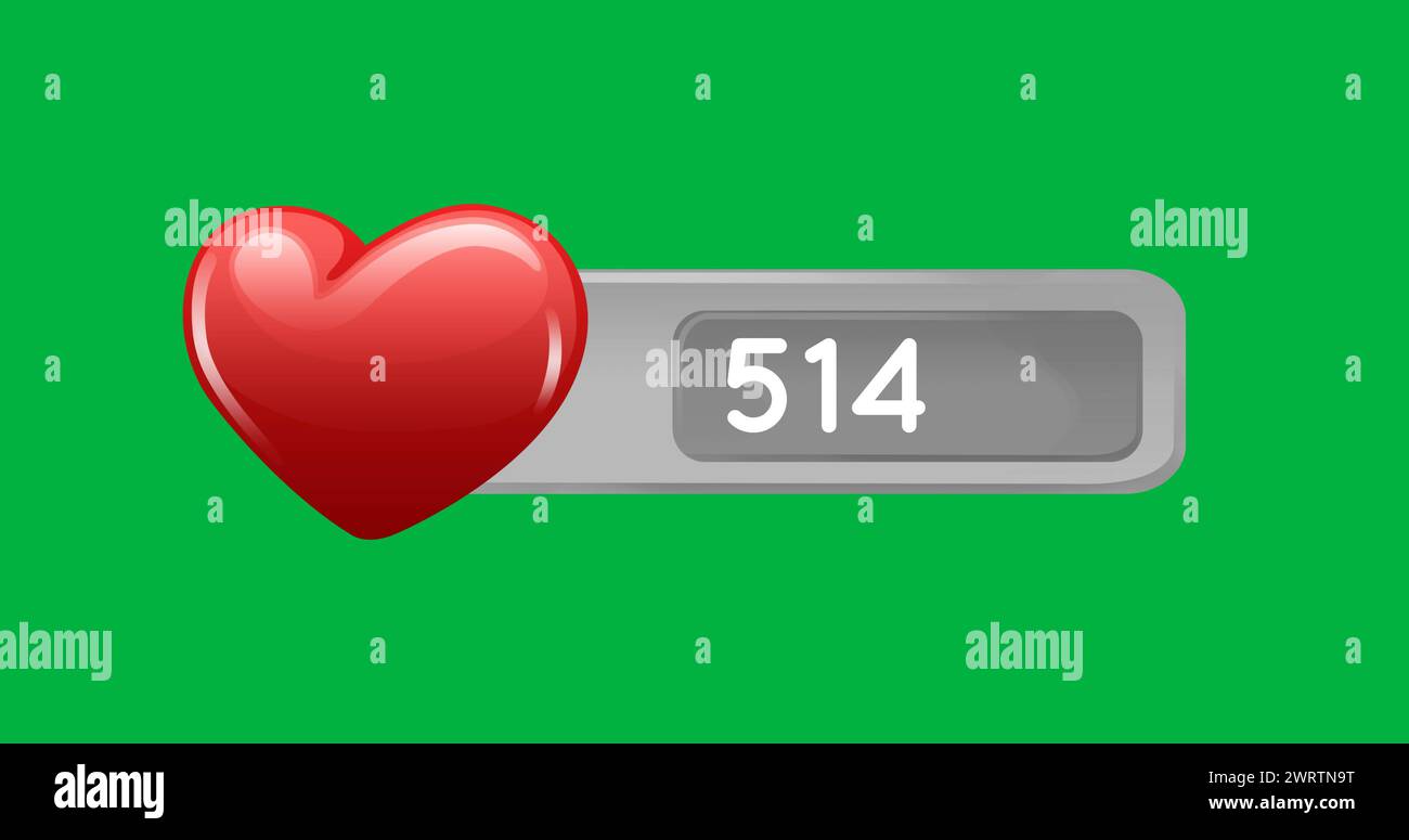 Digital image of increasing numbers and heart icon on a green ...