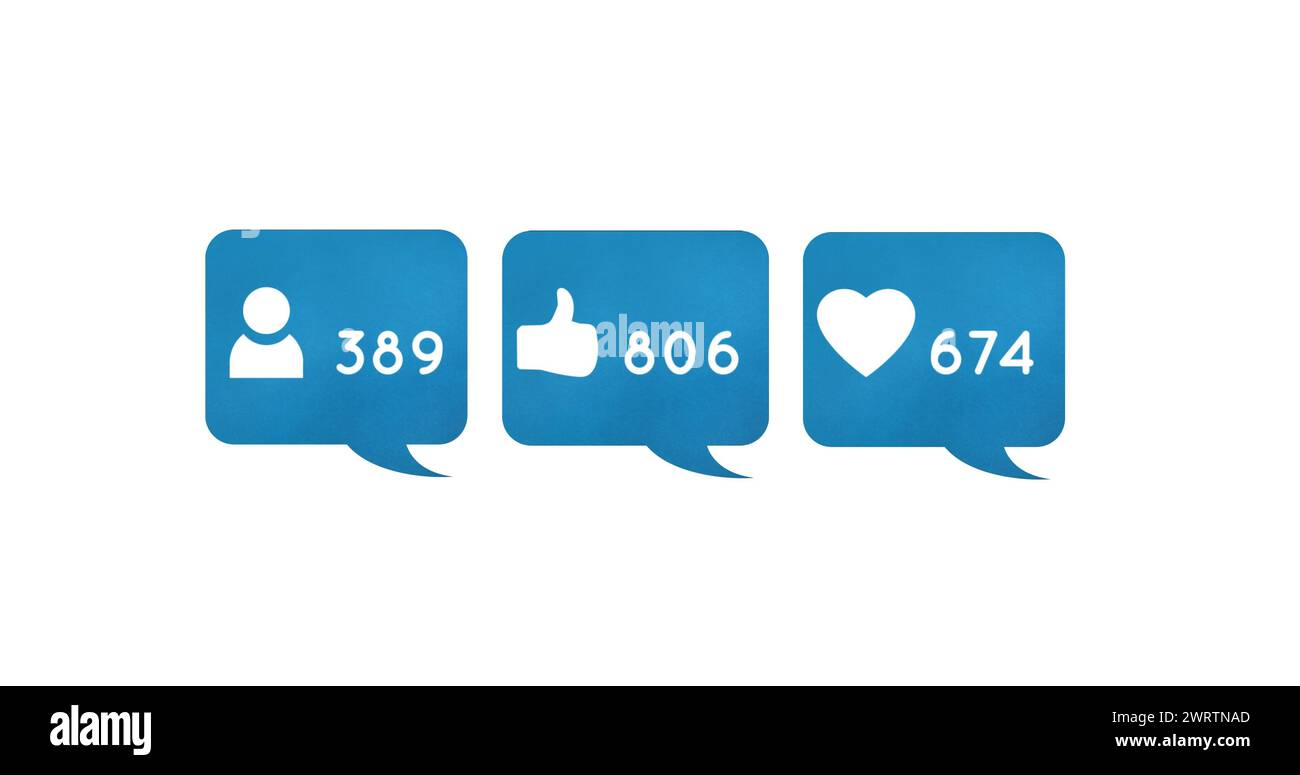 Digital image of follower, like and heart icons and increasing numbers ...