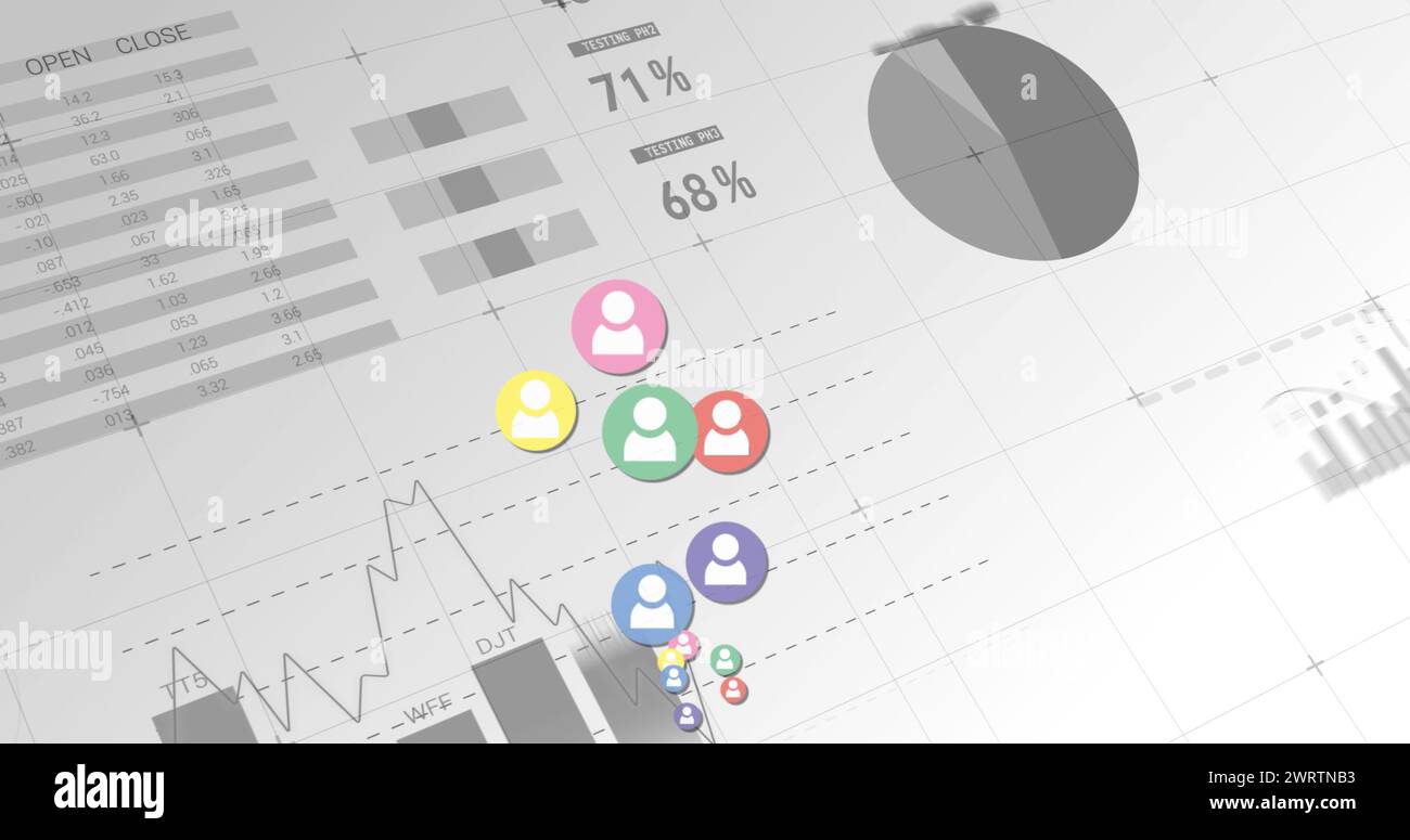Digital image of floating coloured follow icons while charts and graphs ...