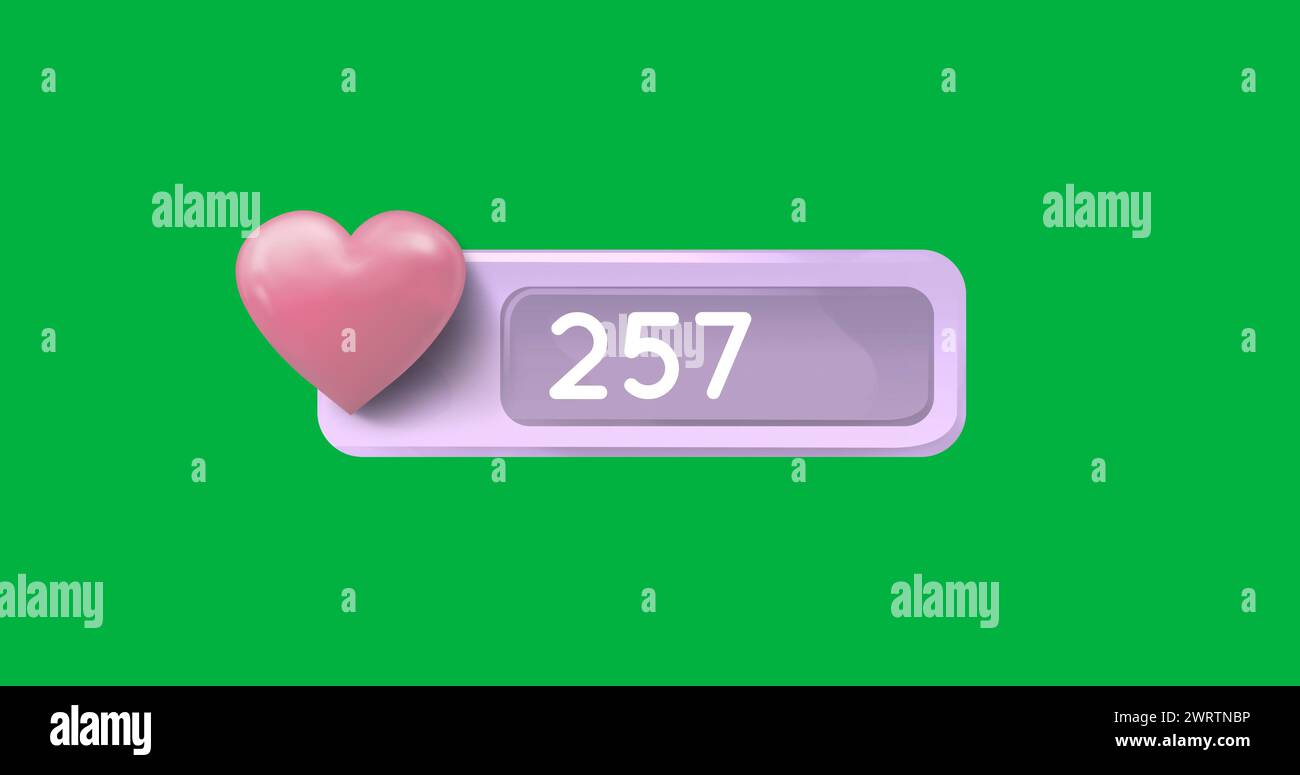 Digital image of a pink heart icon and numbers increasing inside a grey ...