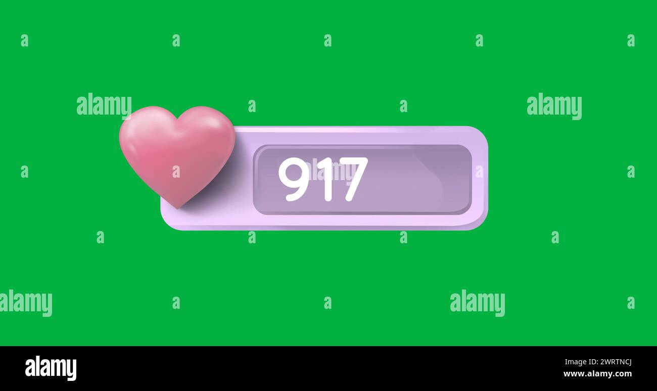 Digital image of a pink heart icon and numbers increasing inside a grey ...