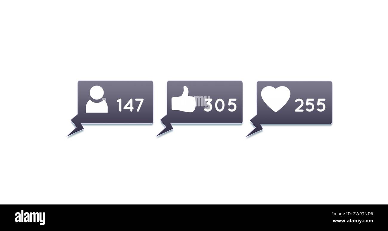 Digital image of follower, like and heart icons and numbers increasing ...