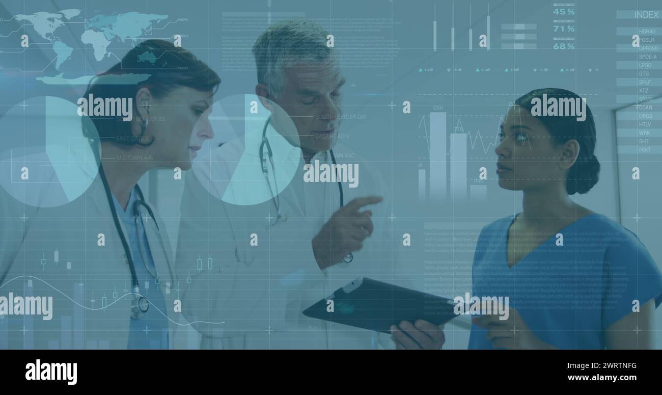 Image of data processing over diverse doctors. global medicine ...