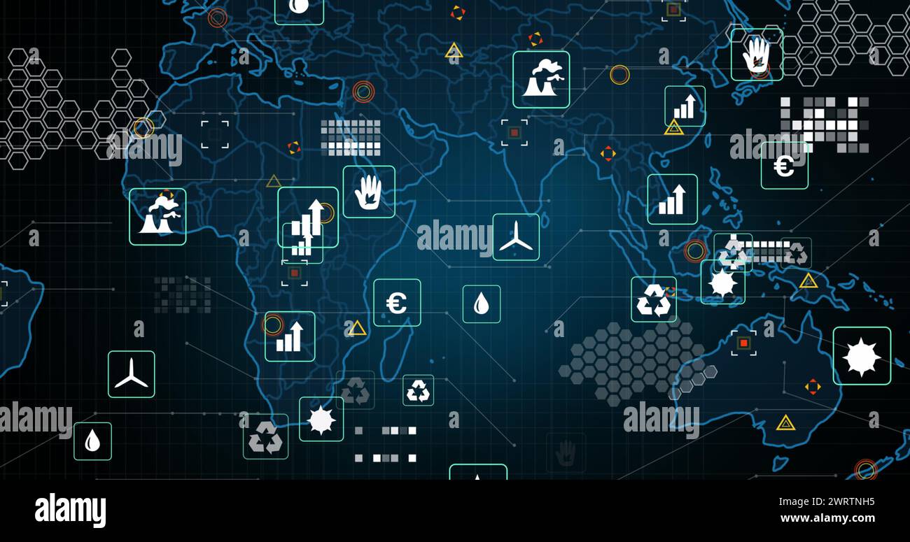 Image of eco icons, markers and data processing over world map Stock Photo - Alamy