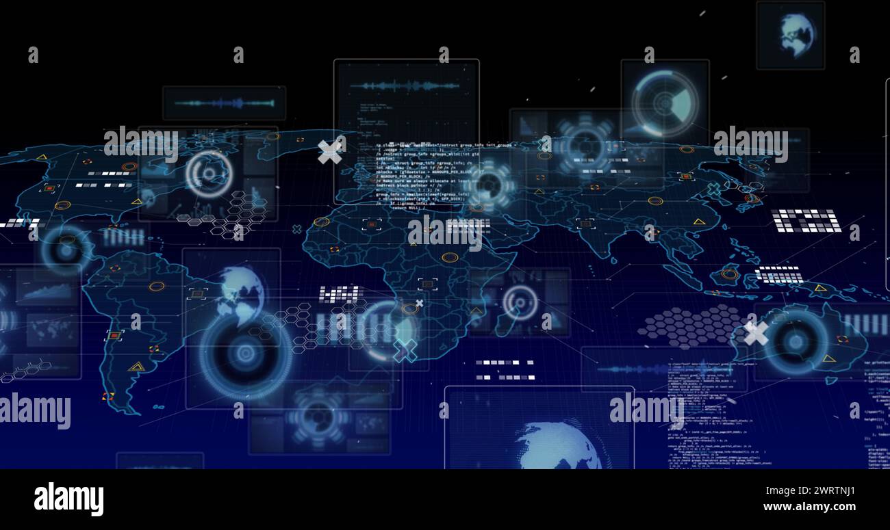 Image of scopes, markers and data processing over world map Stock Photo - Alamy