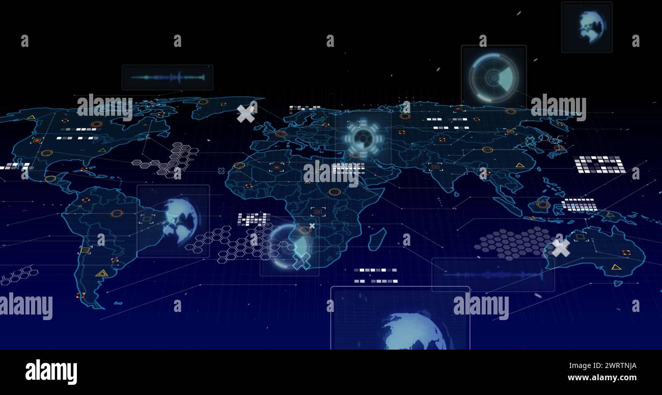 Image of scopes, markers and data processing over world map Stock Photo ...