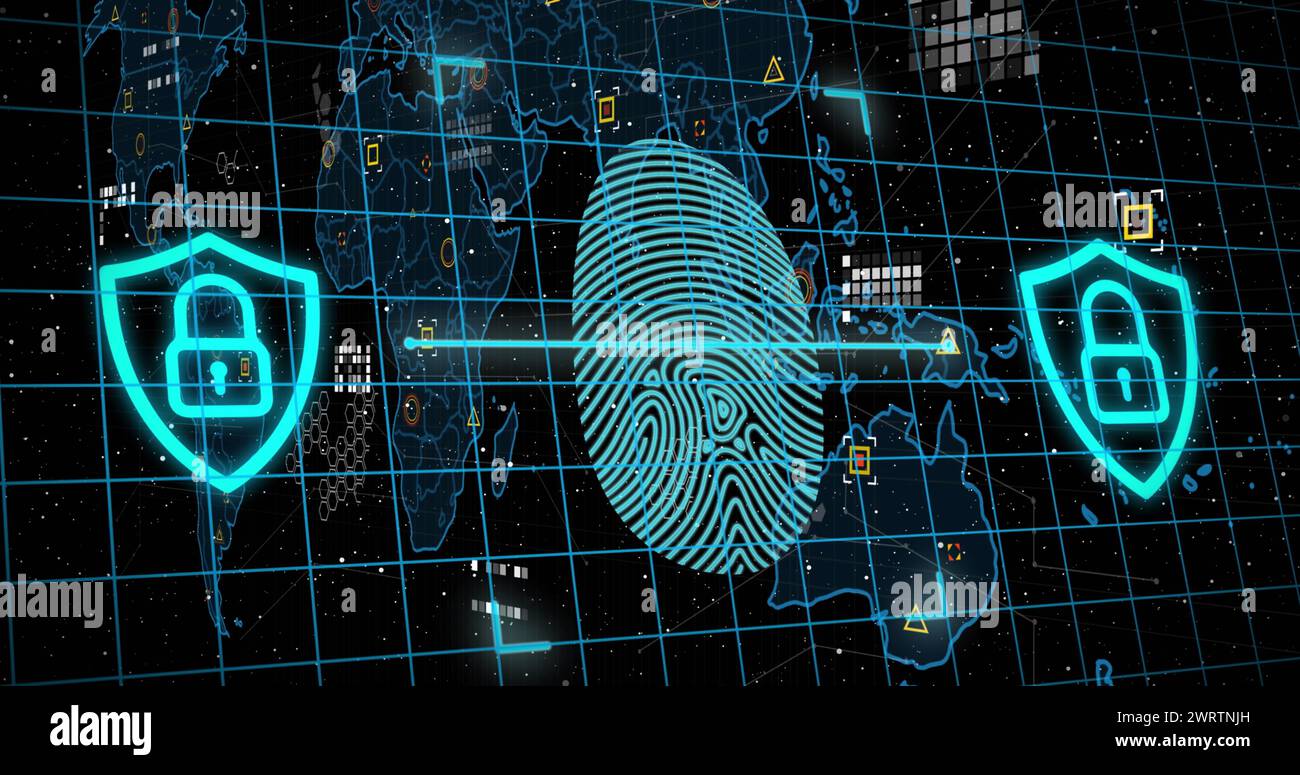 Image of biometric fingerprint, markers and data processing over world map Stock Photo - Alamy