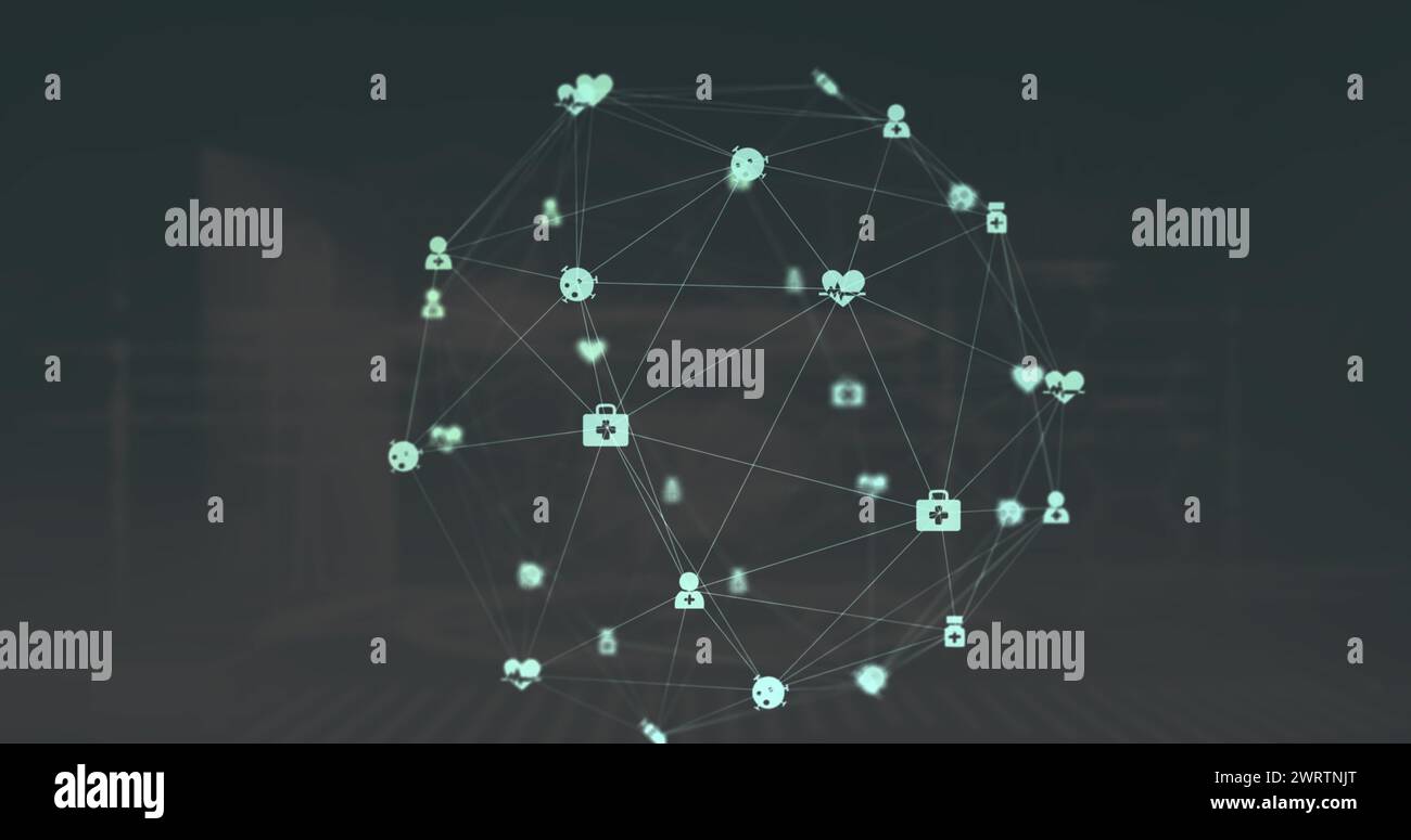 Network of medical icons spinning over digital interface with data ...