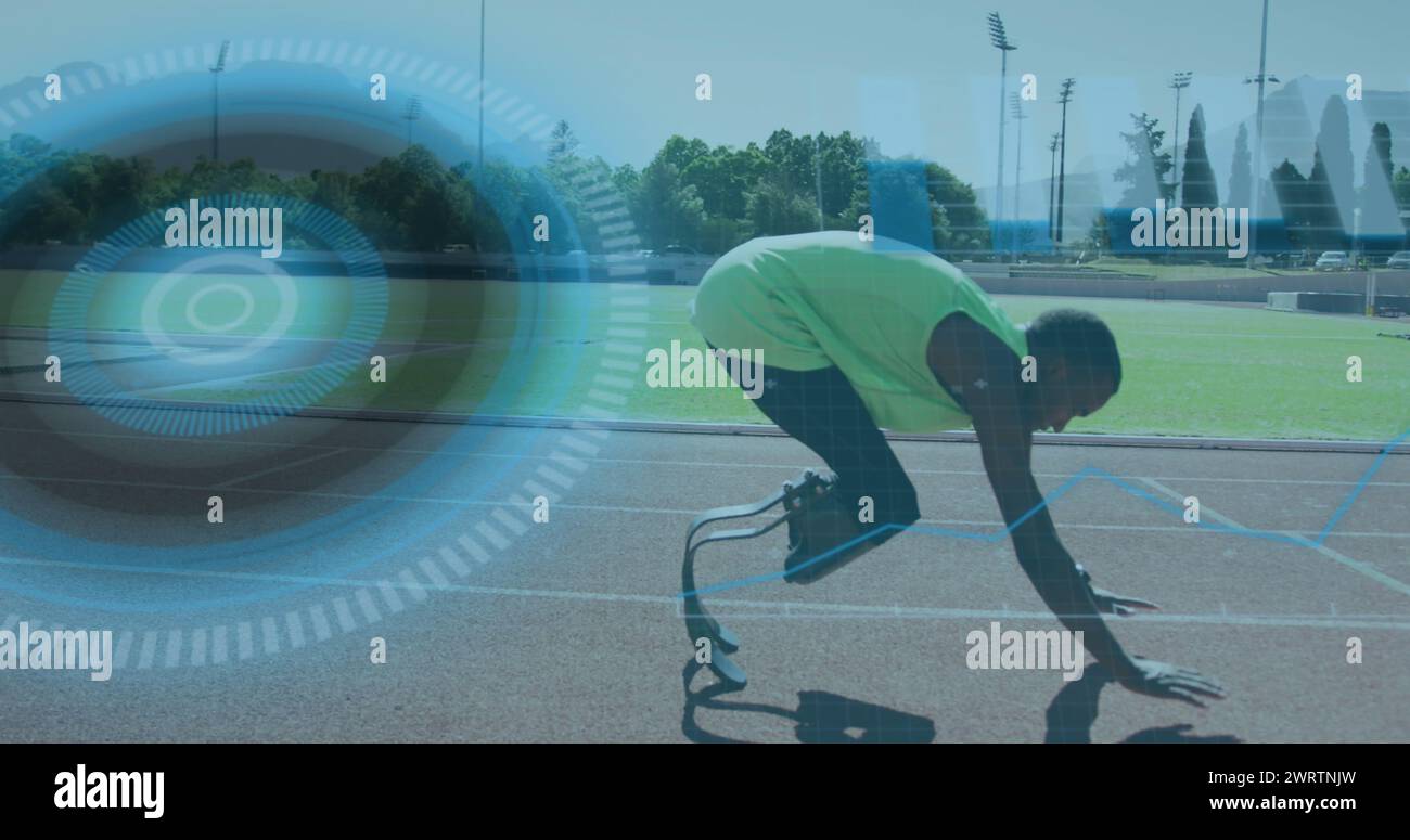 Image of digital interface over african american men with physical ...