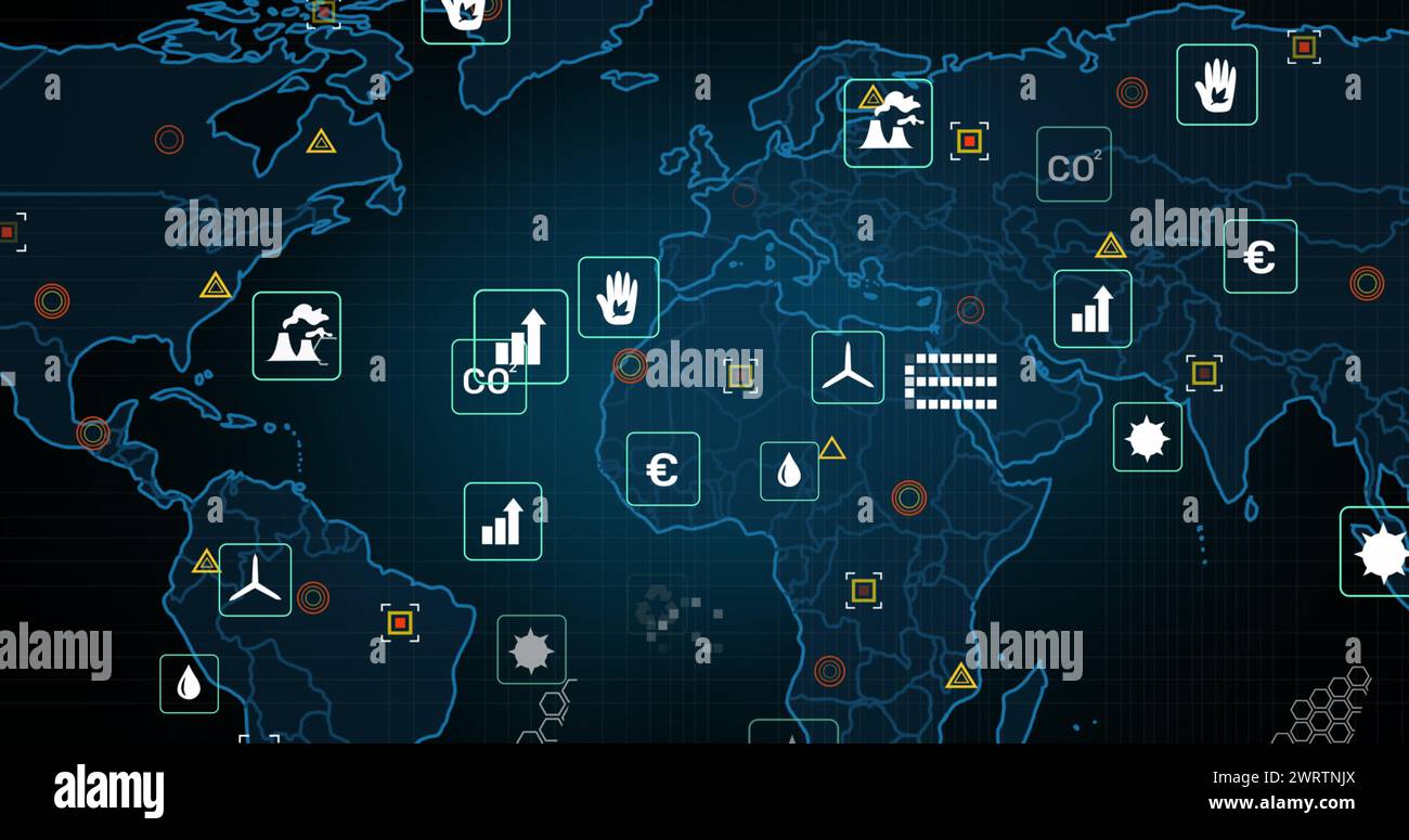 Image of ecology icons, data processing and markers over world map Stock Photo - Alamy