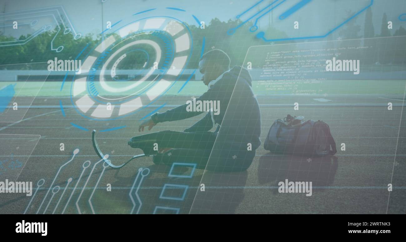 Image of digital interface over african american men with physical ...