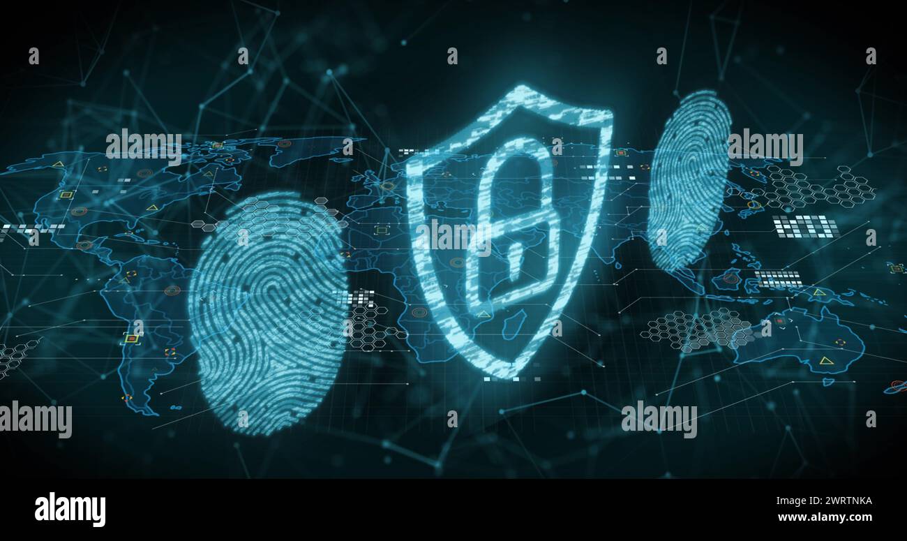 Image of online security padlock, biometric fingerprints, data ...