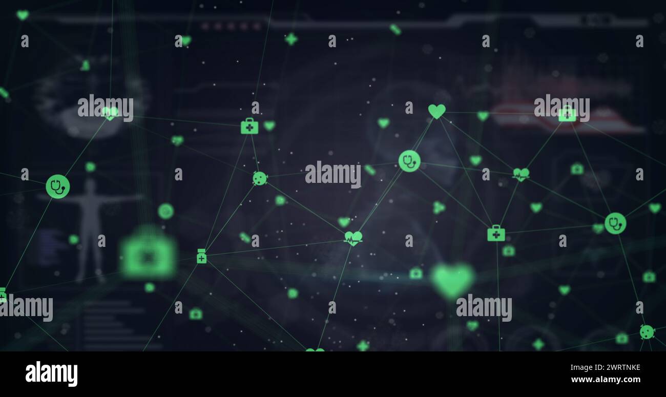 Network of medical icons over digital interface with medical data ...