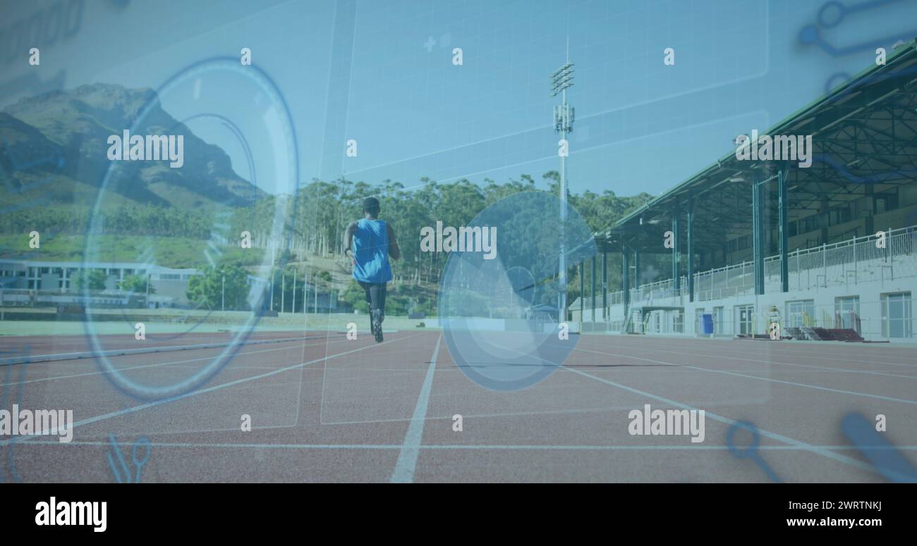 Image of digital interface over african american men with physical ...