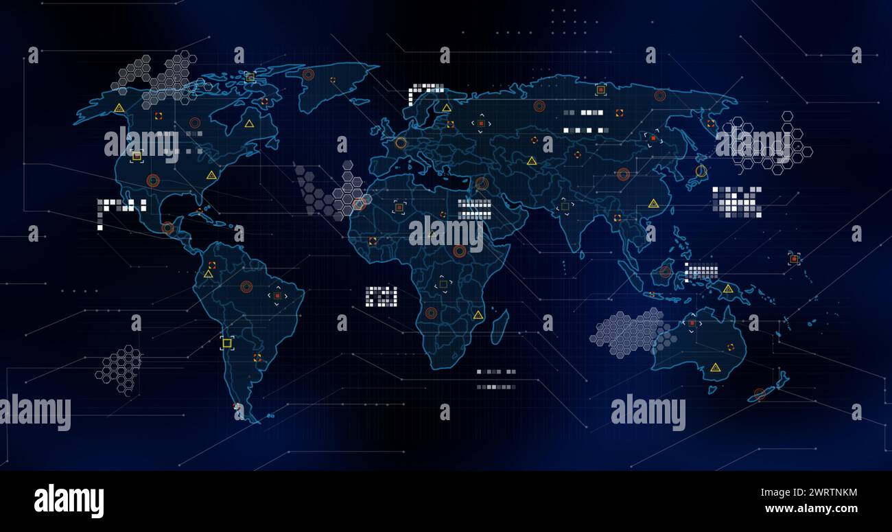 Image of data processing and markers over world map Stock Photo - Alamy