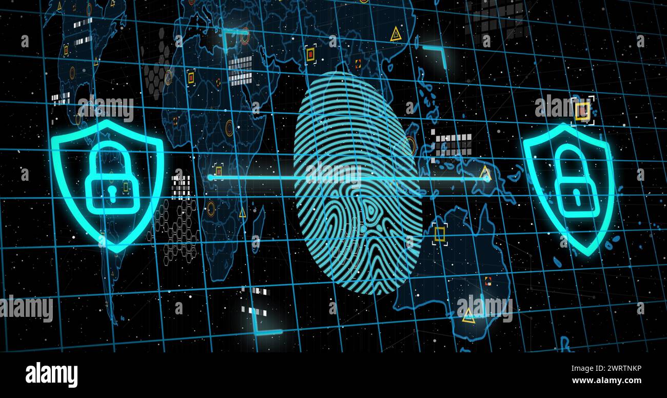 Image of online biometric fingerprint, markers and data processing over ...