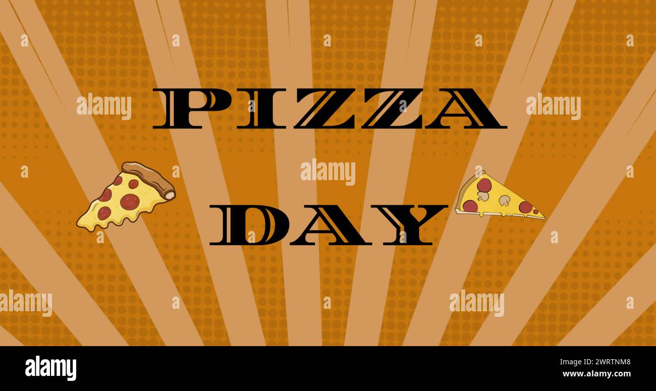 Image of pizza day text and pizza icons over over stripes on orange ...