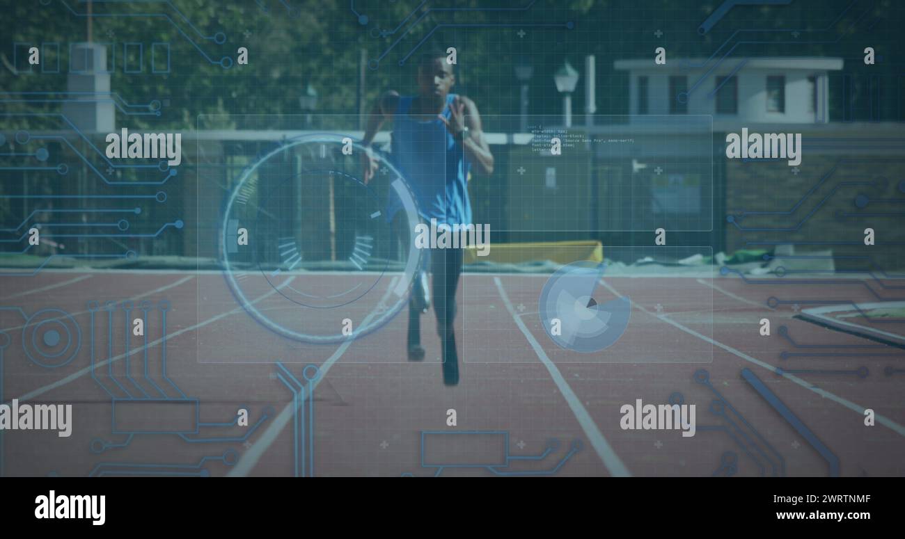Image of data processing over disabled african american male runner ...