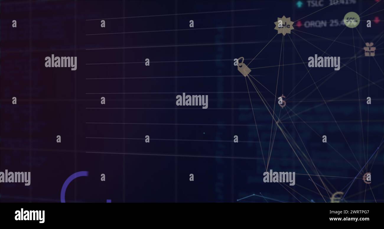 Globe of digital icons spinning over digital interface with data ...