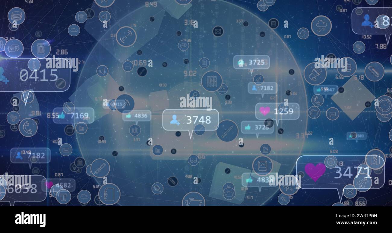 Image of social media reaction and tech icons over globe Stock Photo ...