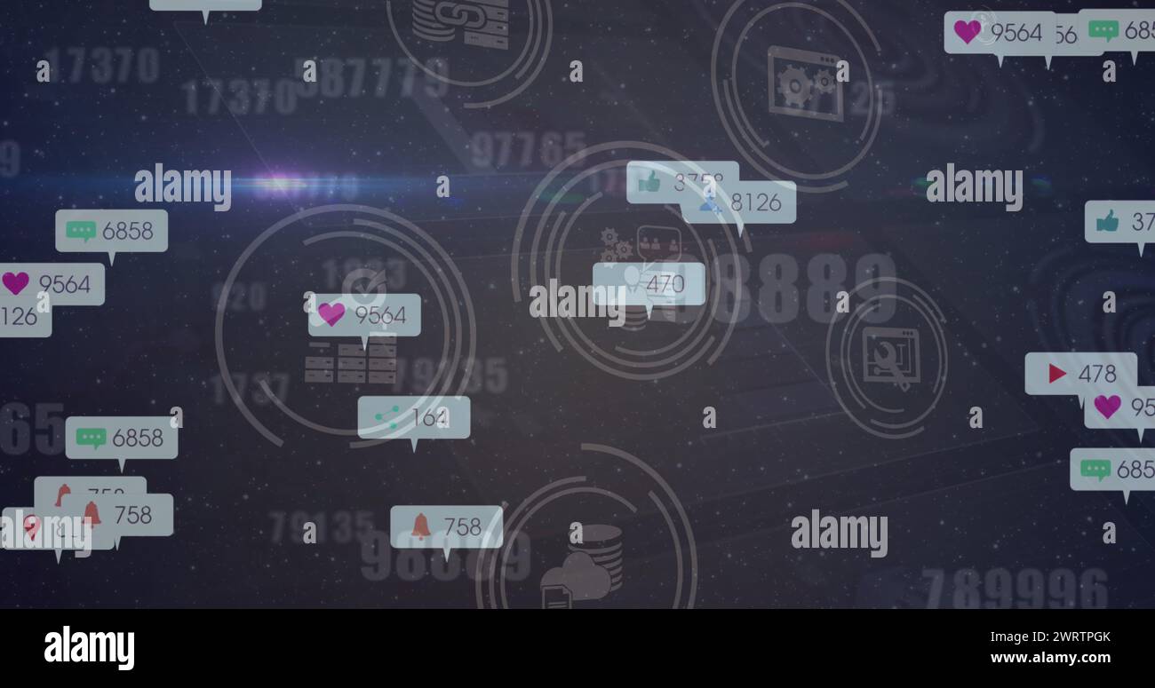 Image of social media reaction and tech icons over digital space with ...