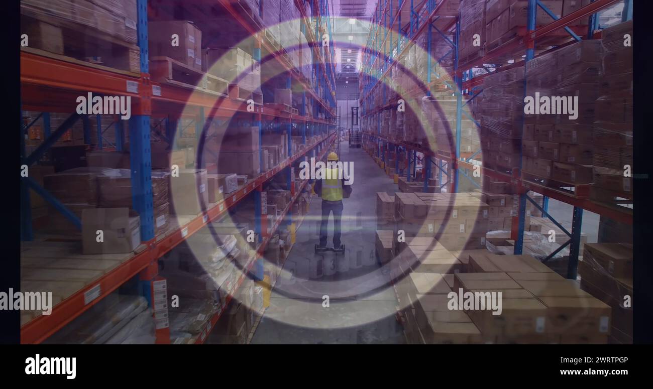 Image of abstract circular shape over male worker riding on segway at ...