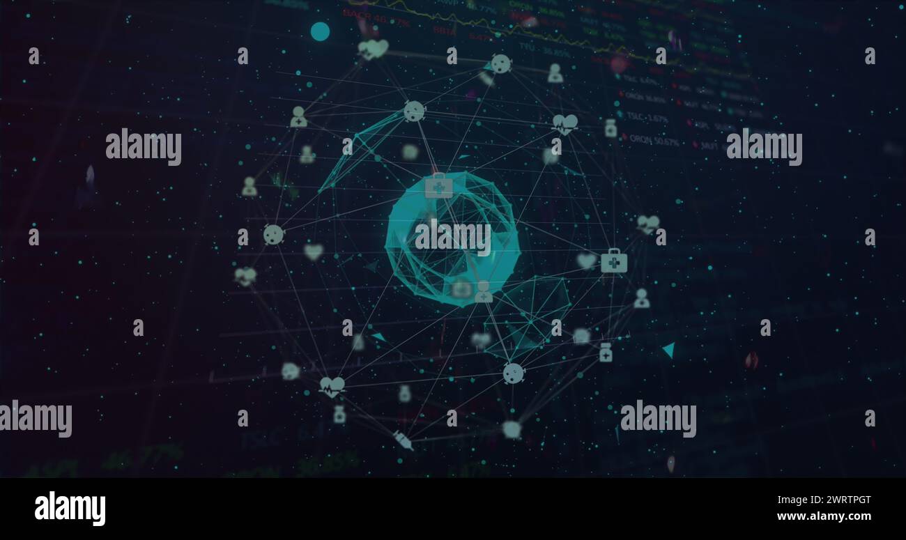 Globe of medical icons spinning over data processing on blue background ...