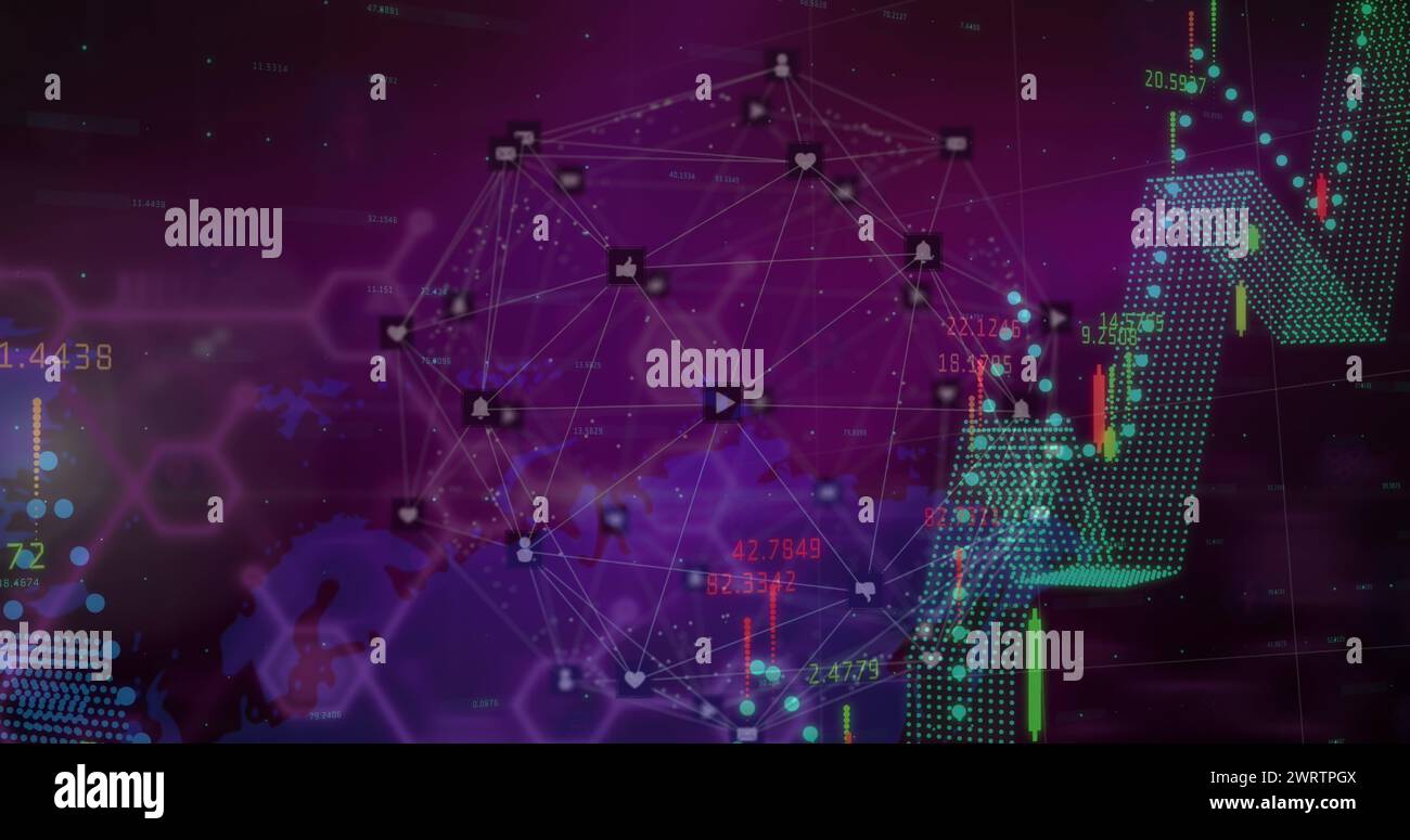 Image of network of connections with icons over globe and screens Stock ...