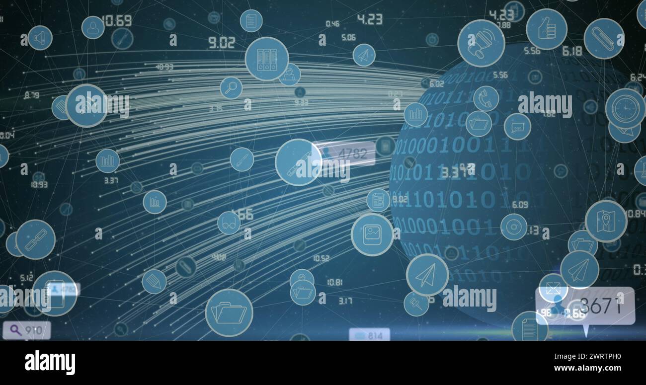 Image of social media reaction and tech icons over globe Stock Photo ...