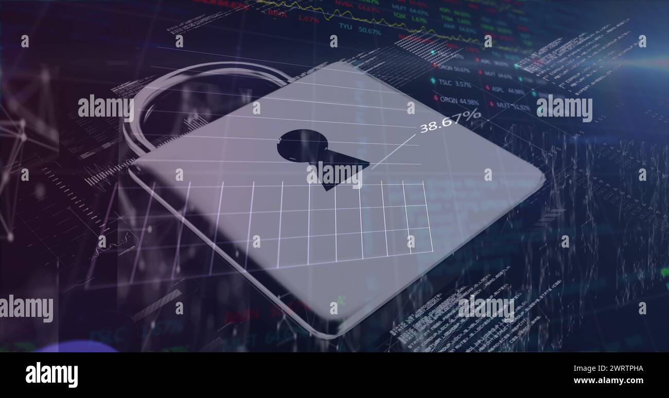 Image of data data, financial graphs and digital padlock on navy ...