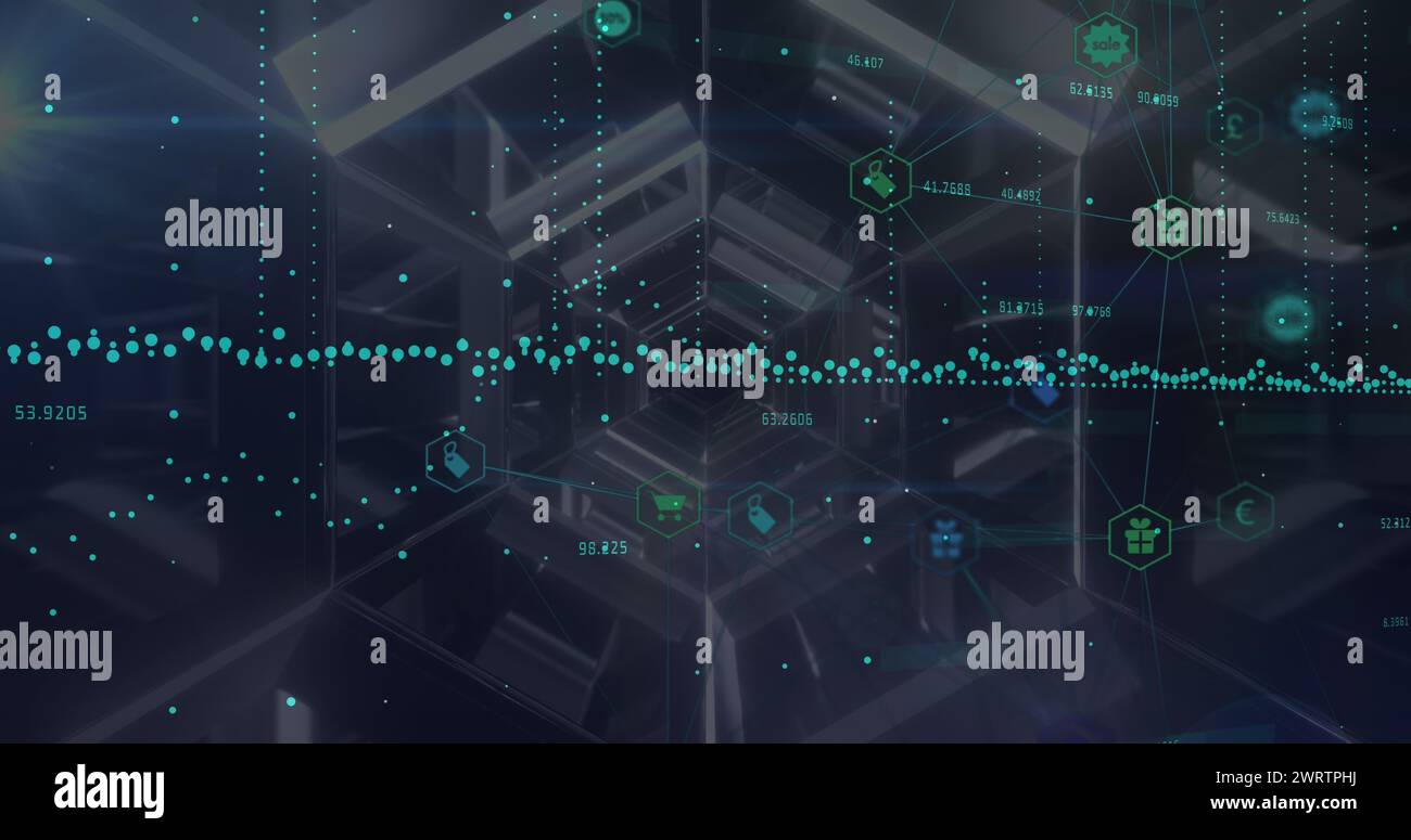 Data processing and network of digital icons over hexagonal tunnel against black background ...