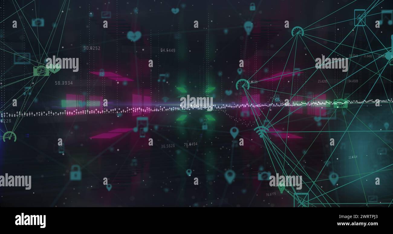 Image of network of connection and neon lights moving on black ...