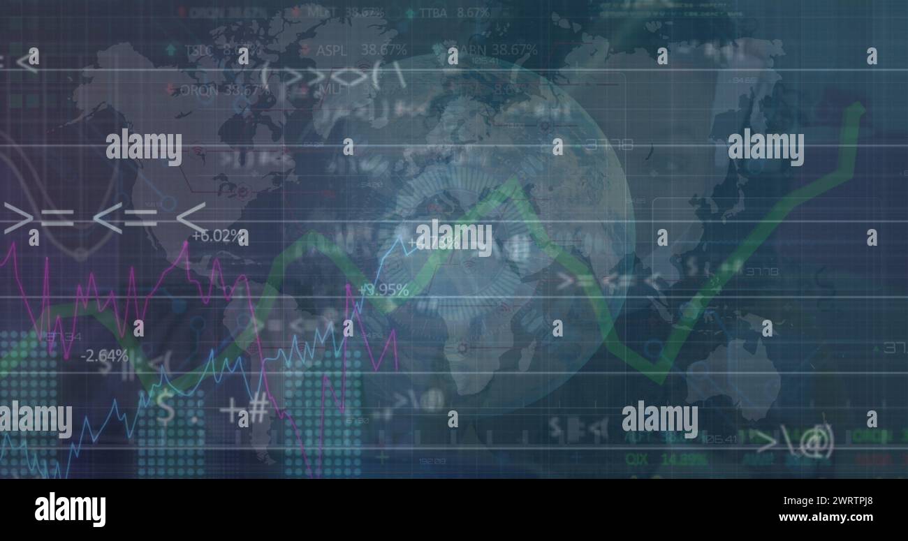 Image of data processing and globe on black background Stock Photo - Alamy