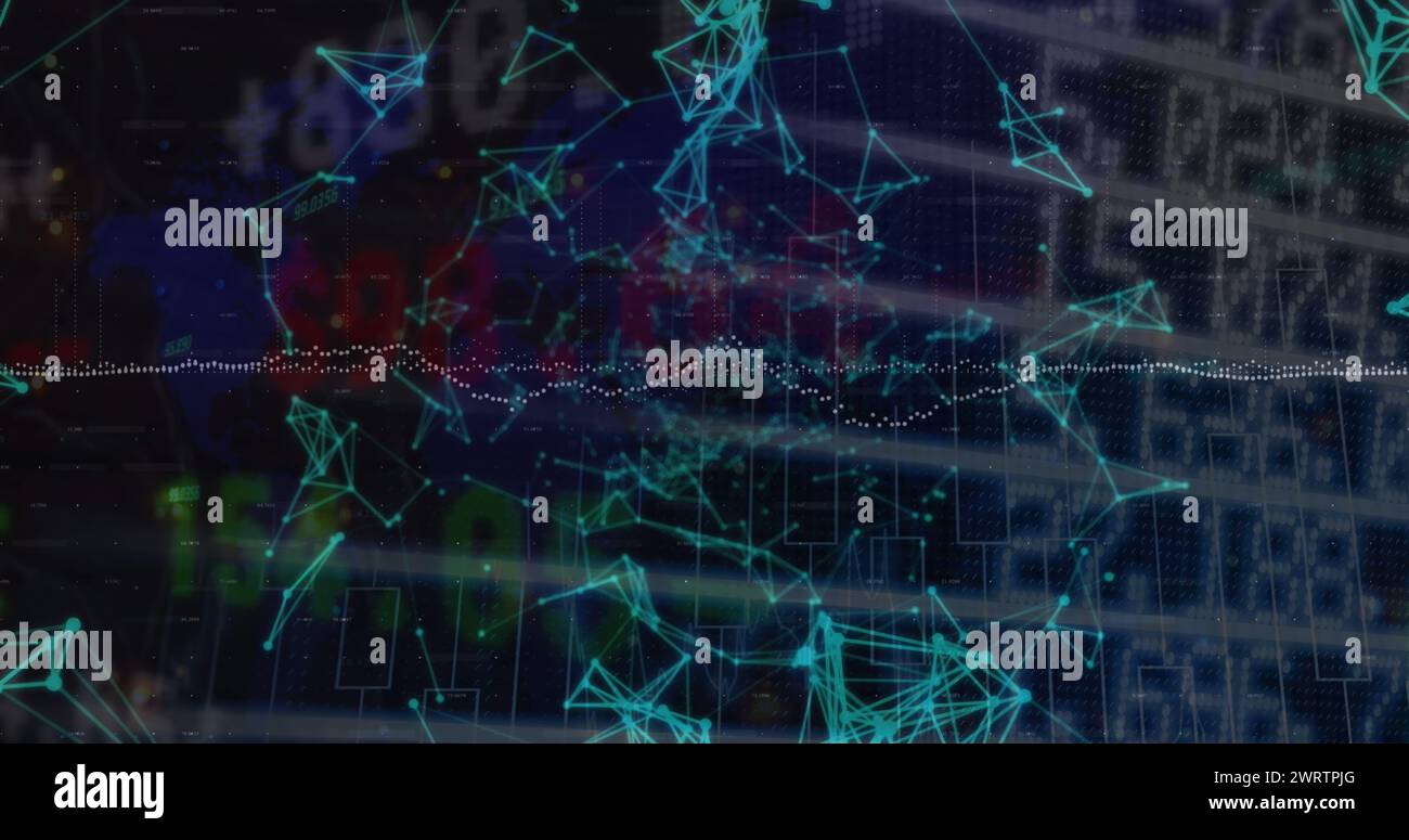 Network of connections over stock market data processing against black ...