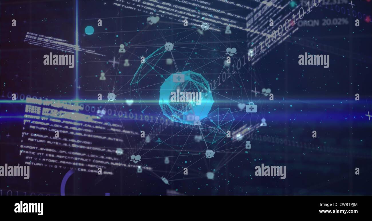 Image of data processing, globe with connections and lights on navy ...