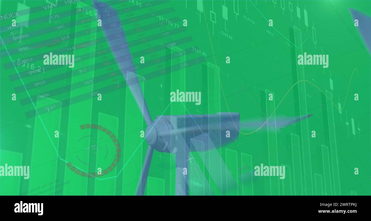Image of graphs, charts against wind turbines on green digital interface Stock Photo - Alamy