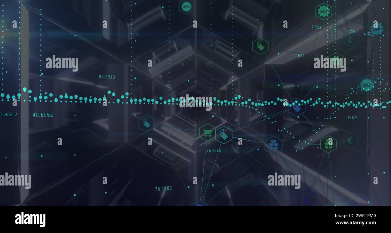 Data processing and network of digital icons over hexagonal tunnel against black background ...