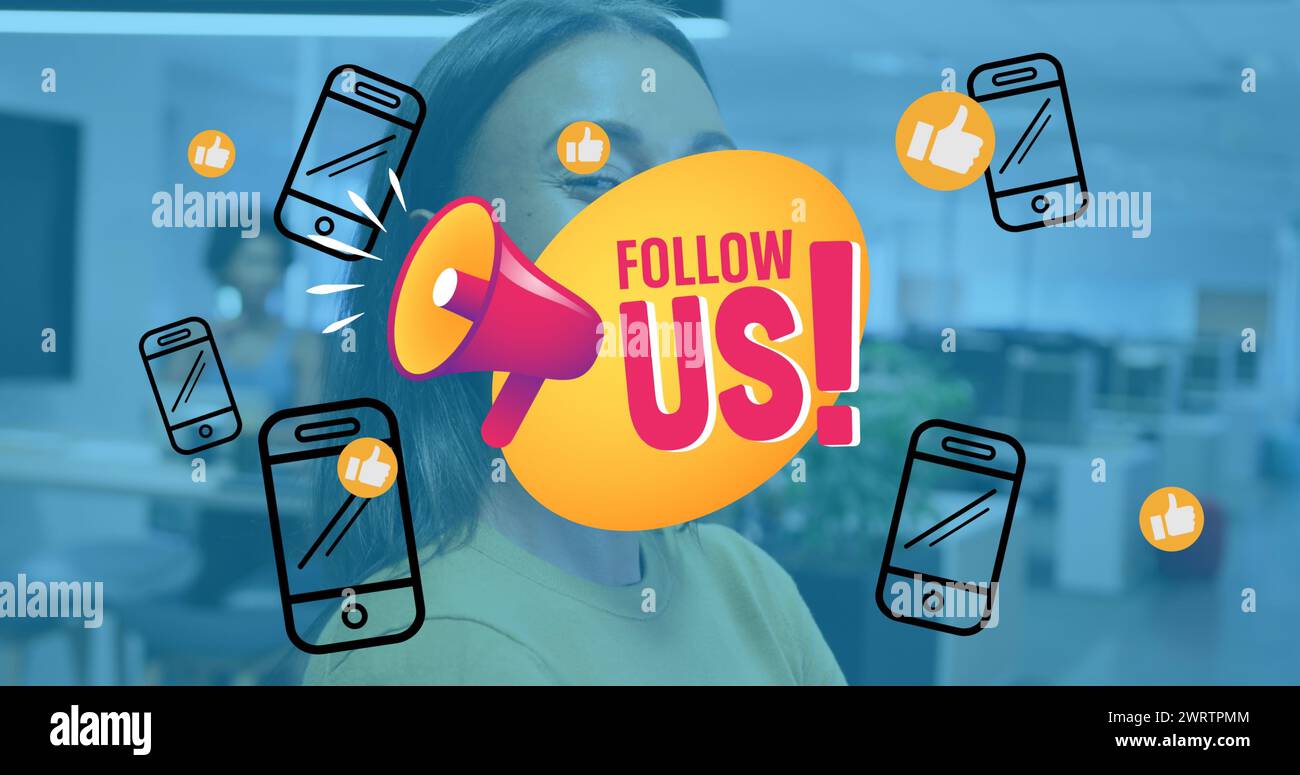 Image of follow us and smartphones over biracial woman smiling at ...