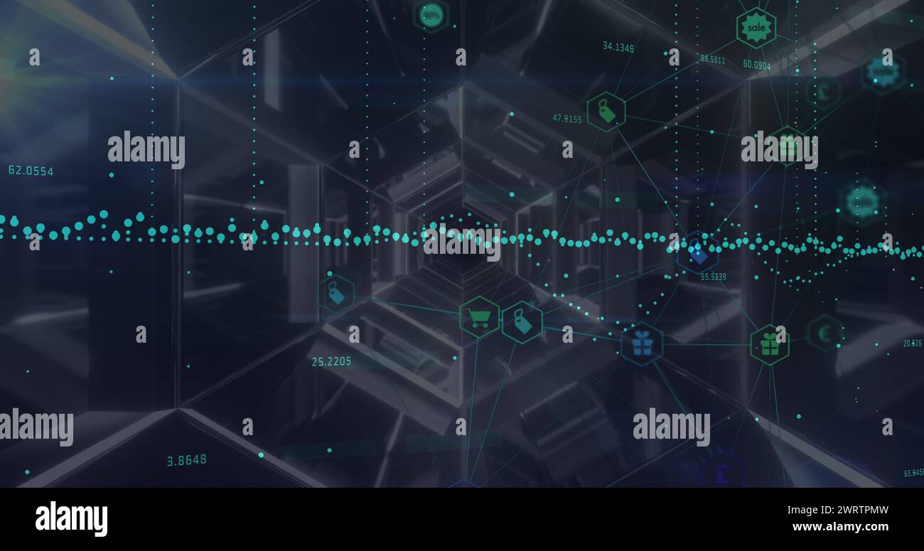 Data processing and network of digital icons over hexagonal tunnel against black background ...