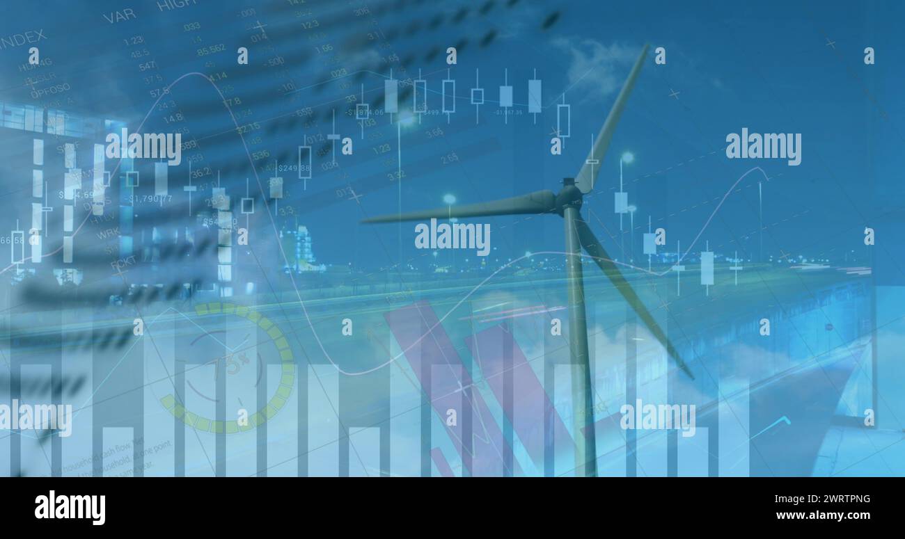 Image of graphs and data over wind turbine and night road traffic Stock ...