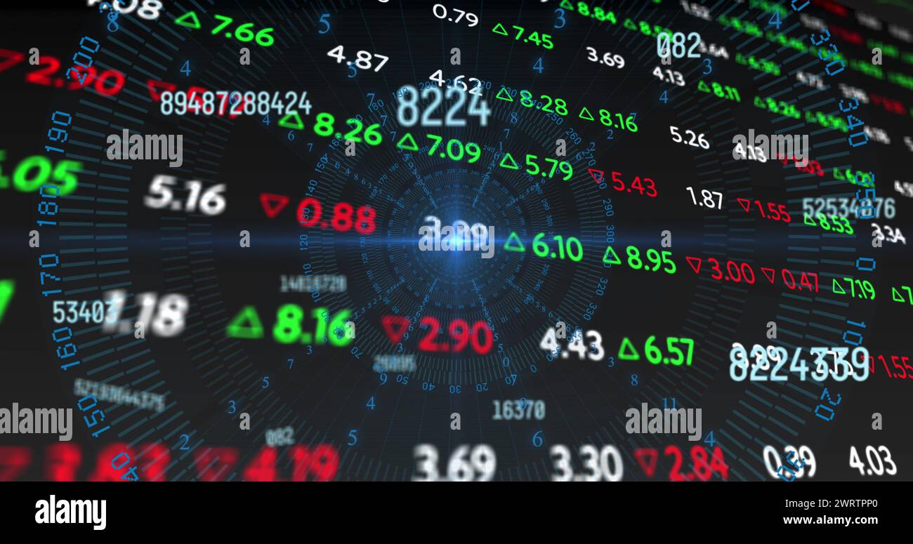 Image of numbers, light and financial data on digital screen Stock ...