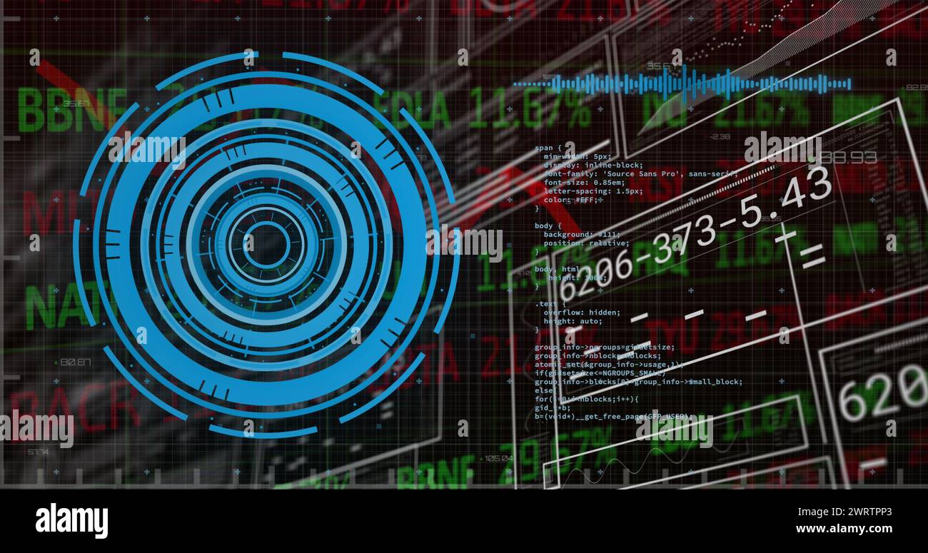 Image of numbers, processing circle and financial data on digital ...
