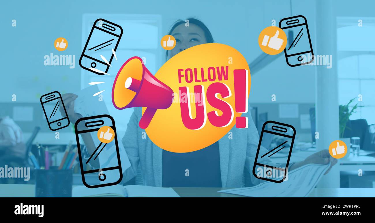 Image of follow us and smartphone over asian woman in office Stock ...