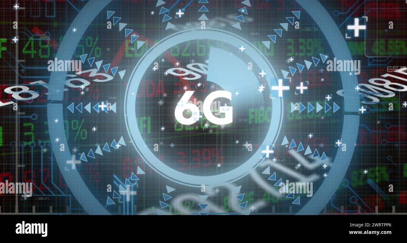 Image of 6g, numbers, processing circle and financial data on digital ...
