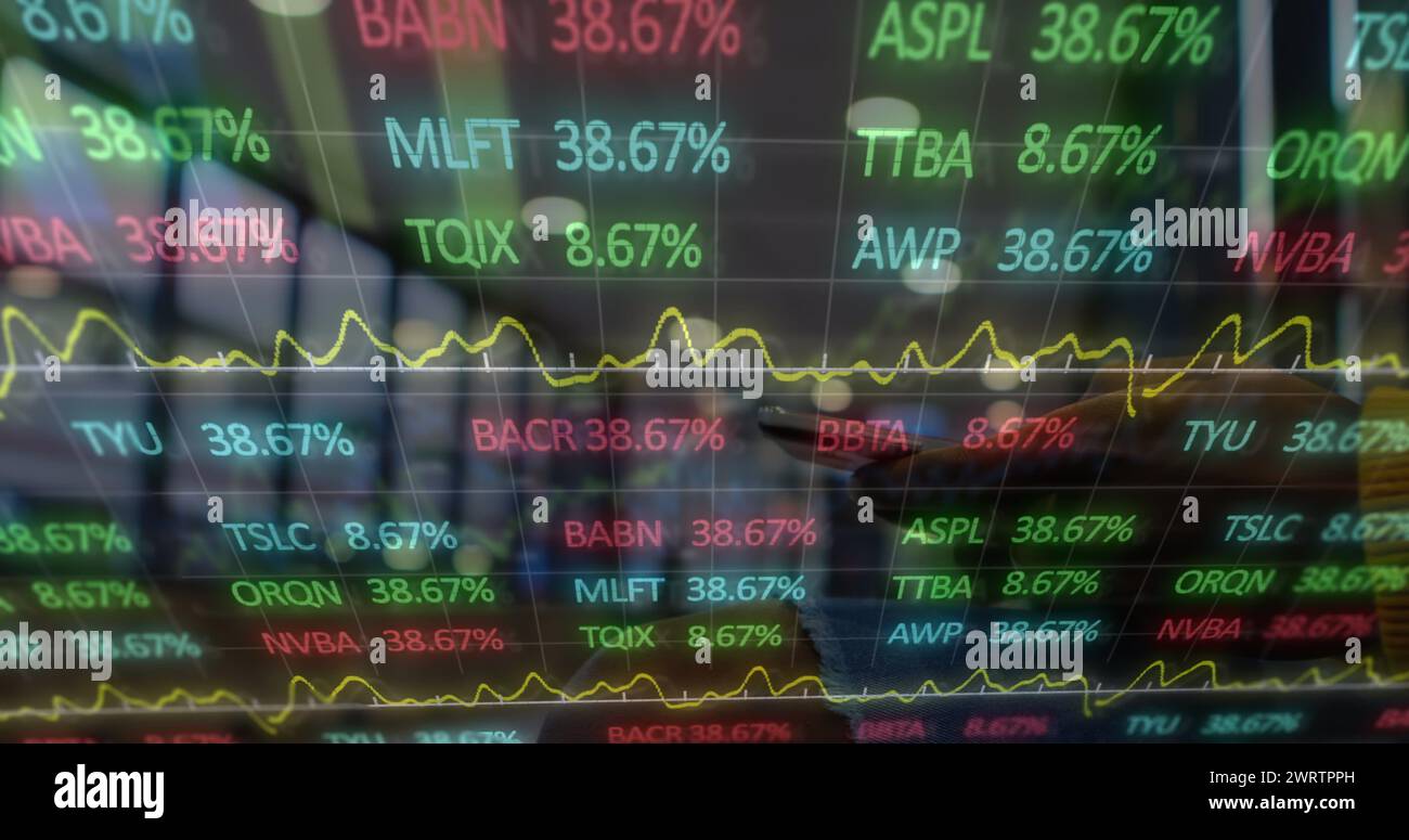 Image of financial data and graphs over hands of caucasian man using ...