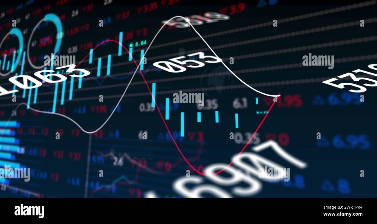 Image of multiple changing numbers over stock market data processing against black background ...
