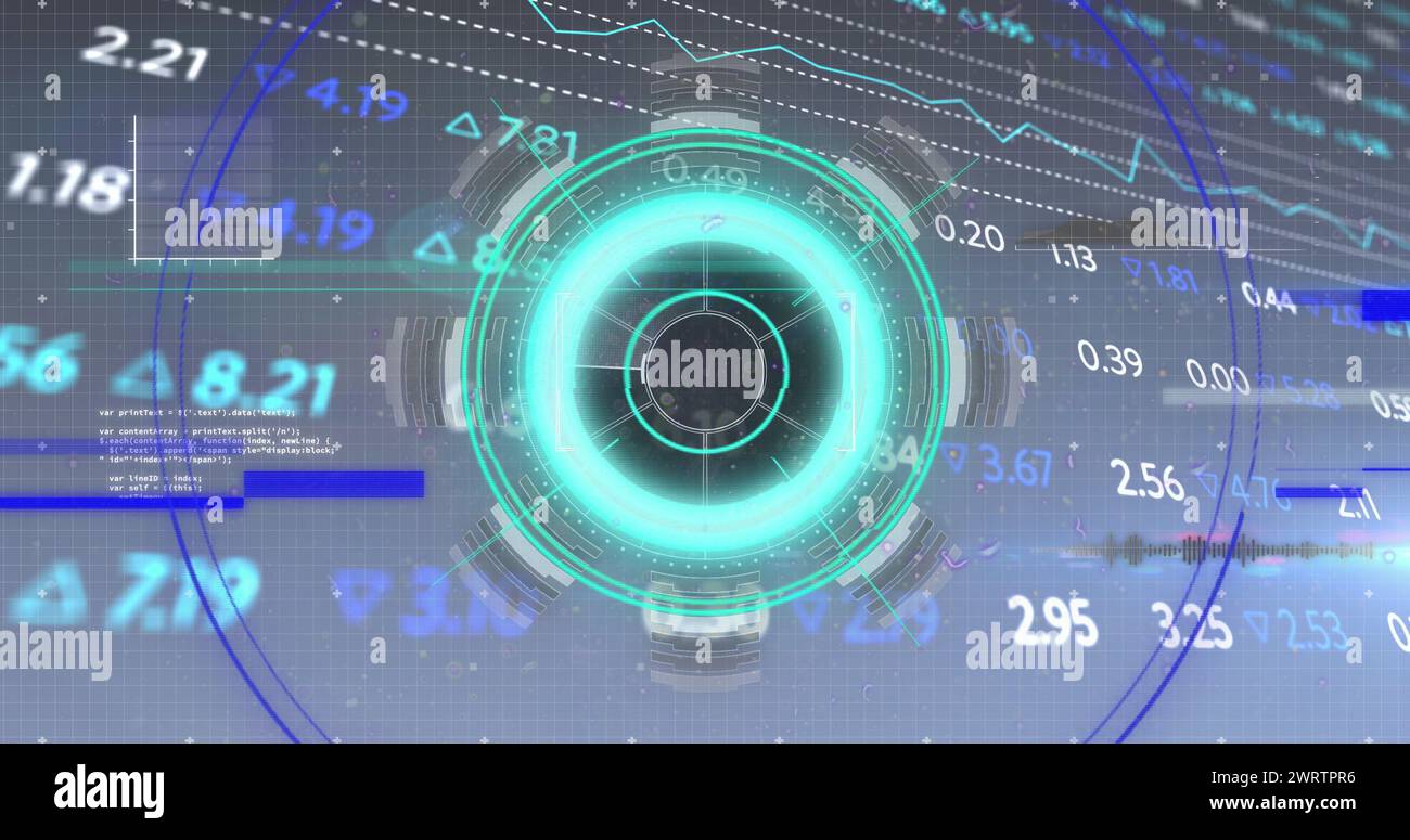 Image of numbers, processing circle with glitch and financial data on ...