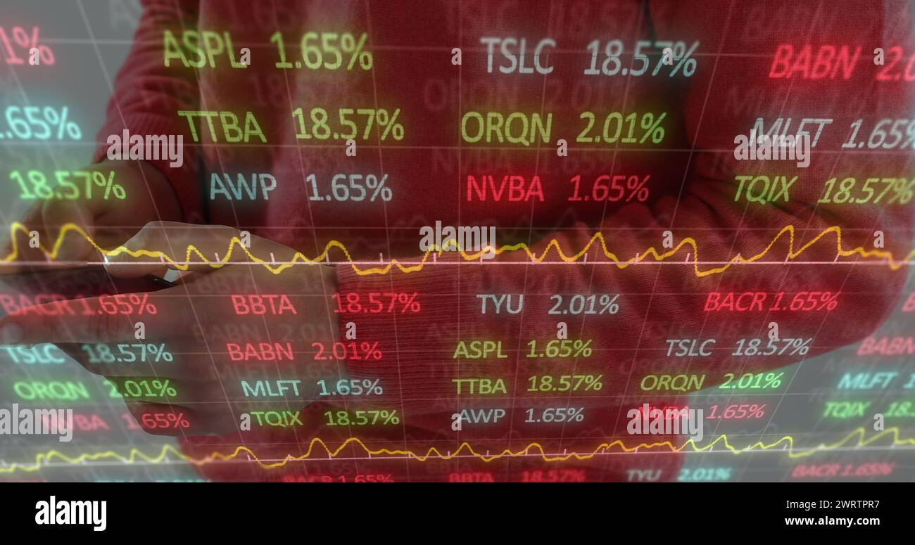Image of financial data and graphs over hands of caucasian man using ...