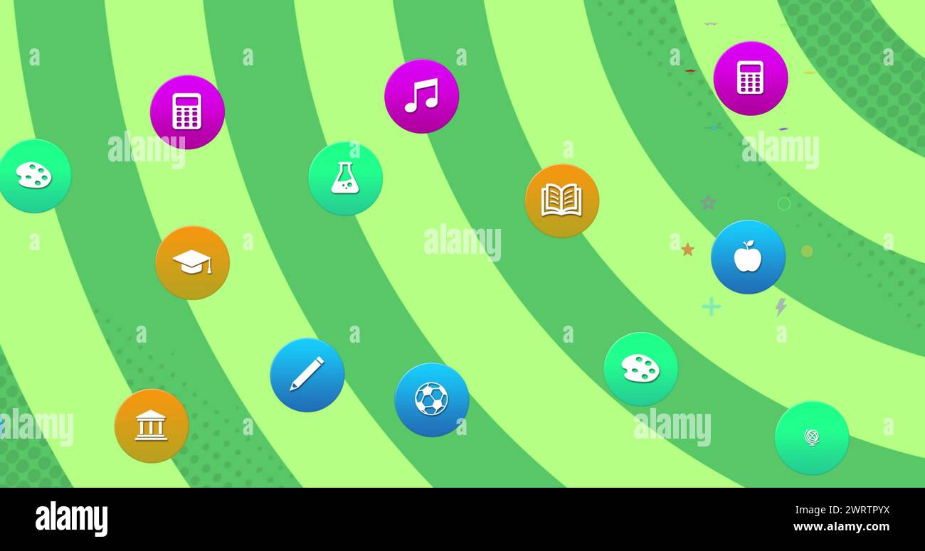 Image of colorful icons over green lines on green background Stock ...